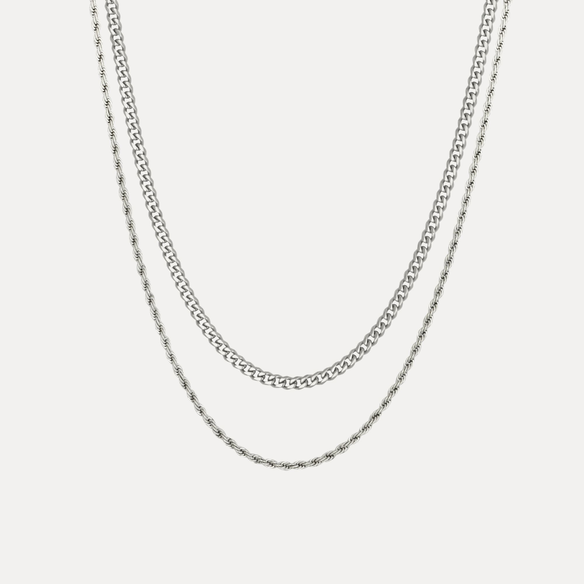 Silver Cuban + Rope Stack Chain Necklace Set For Men By Twistedpendant